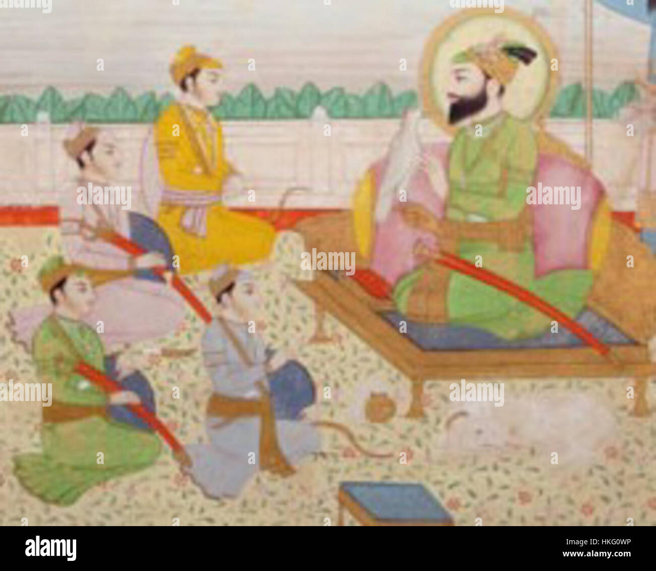 This painting of Guru Gobind Singh, the 10th Sikh Guru, and his four ...