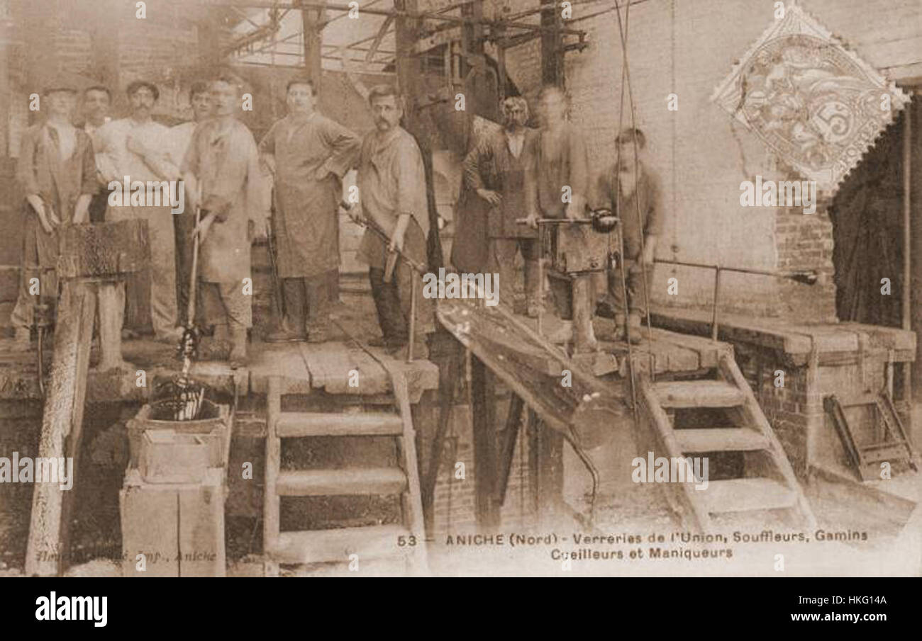 This artwork depicts scenes from the Aniche glass factory in France ...