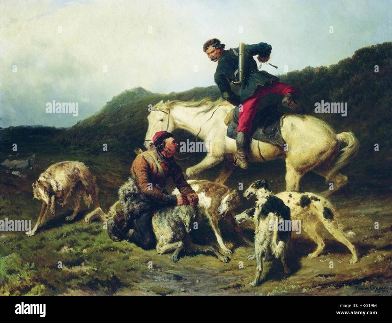 A historical painting depicting a wolf hunt, showcasing the hunters ...
