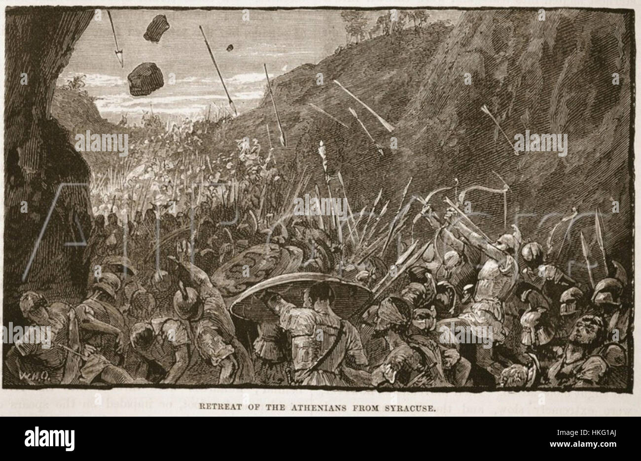 A lithograph depicting the historical retreat of the Athenians from ...