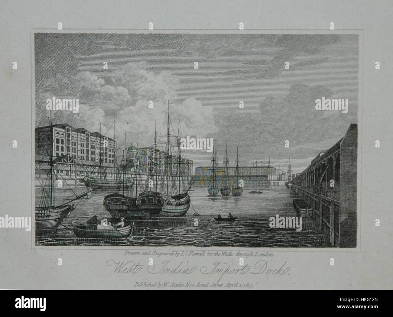 A historical depiction of the West India Import Dock in London ...