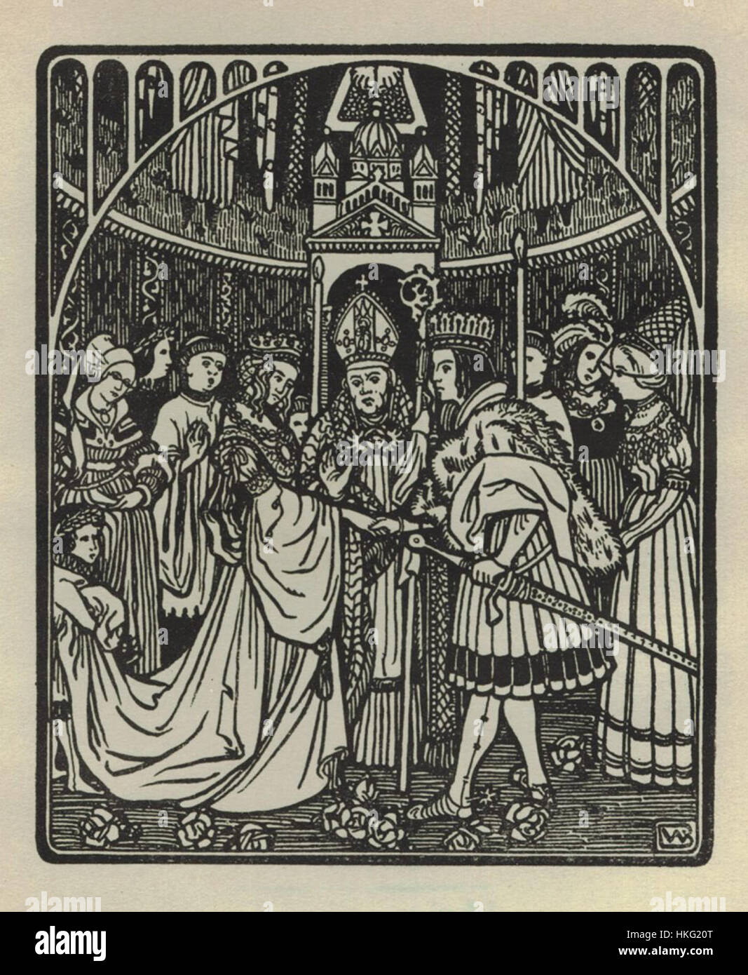 This artwork depicts a bishop, king, and queen in a formal setting ...