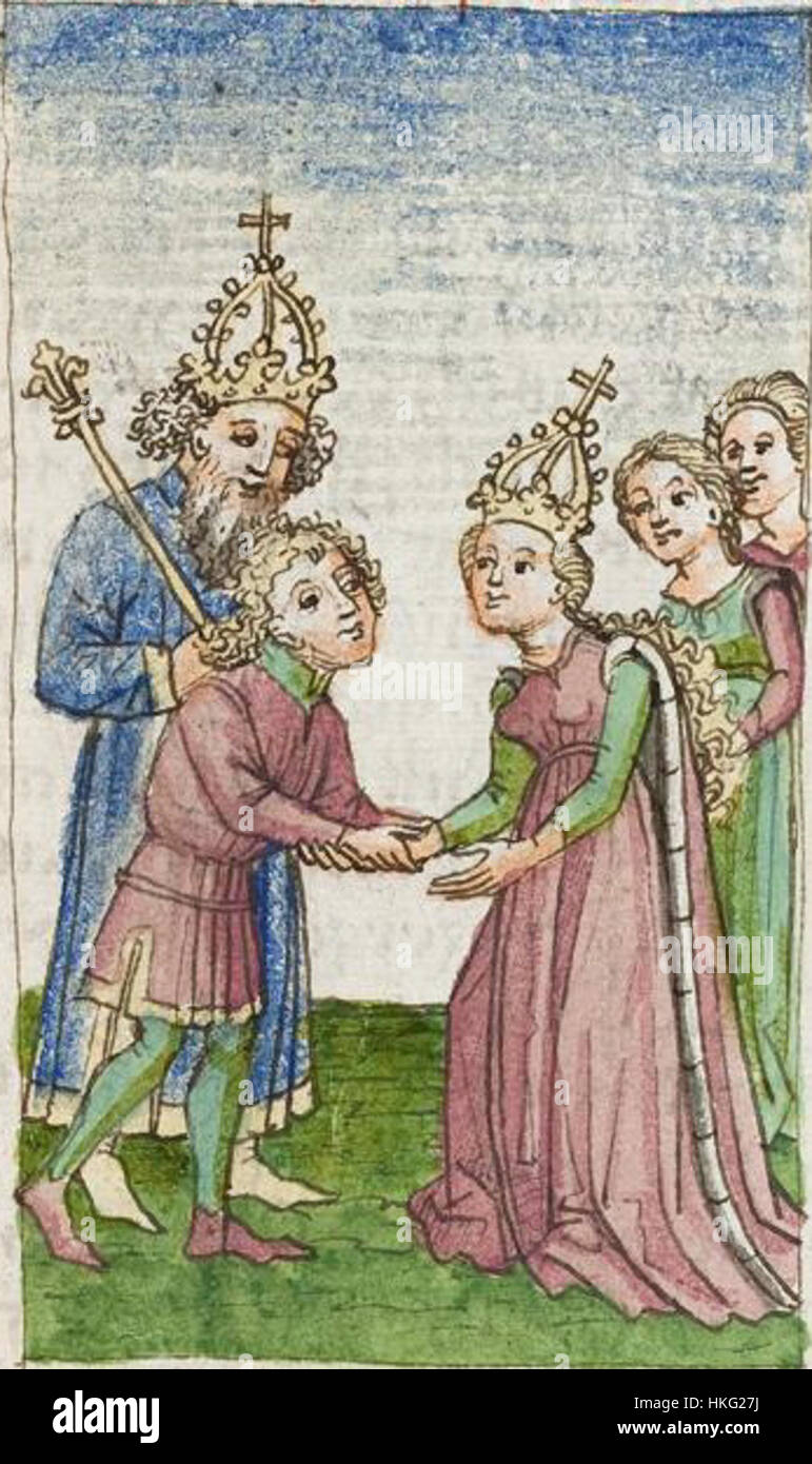 A medieval manuscript illustration from 'Gesta Romanorum,' a collection ...