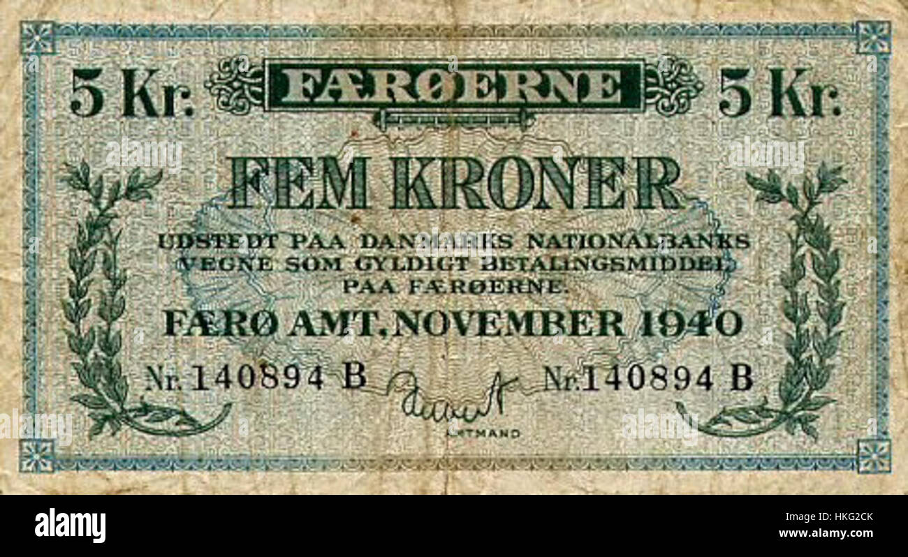 This image depicts the front side of a 5 Faroese krona coin issued in ...