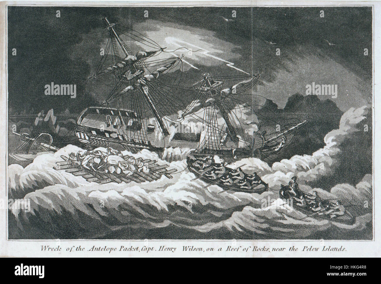 This artwork depicts the wreck of the ship Antelope, which met its ...