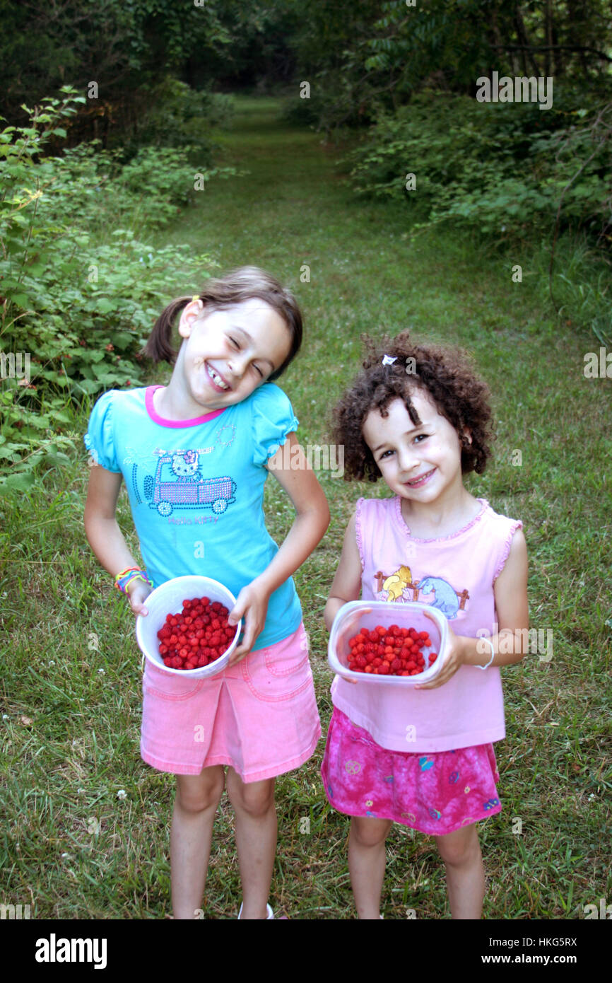 Little happy girls picking wild raspberries from the woods Stock Photo ...