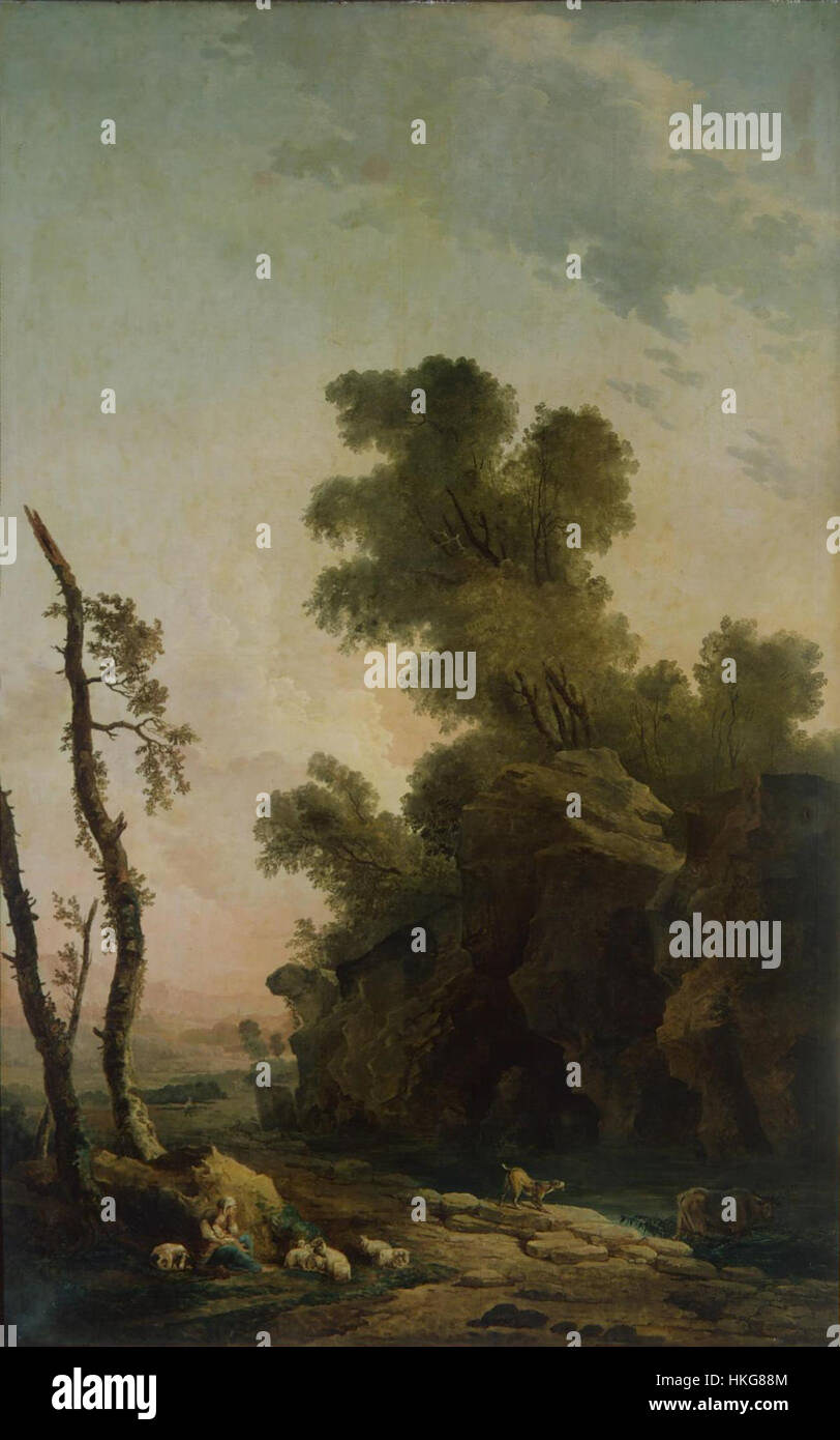 'Landscape with Rocks' by Hubert Robert is an oil painting that ...