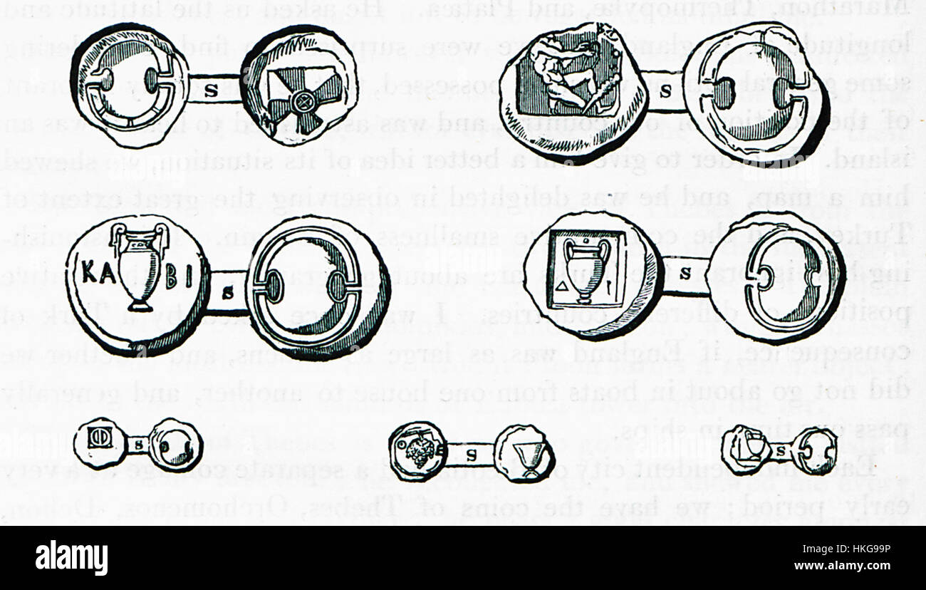 This image depicts ancient coins from Thebes and Delium, dating back to ...