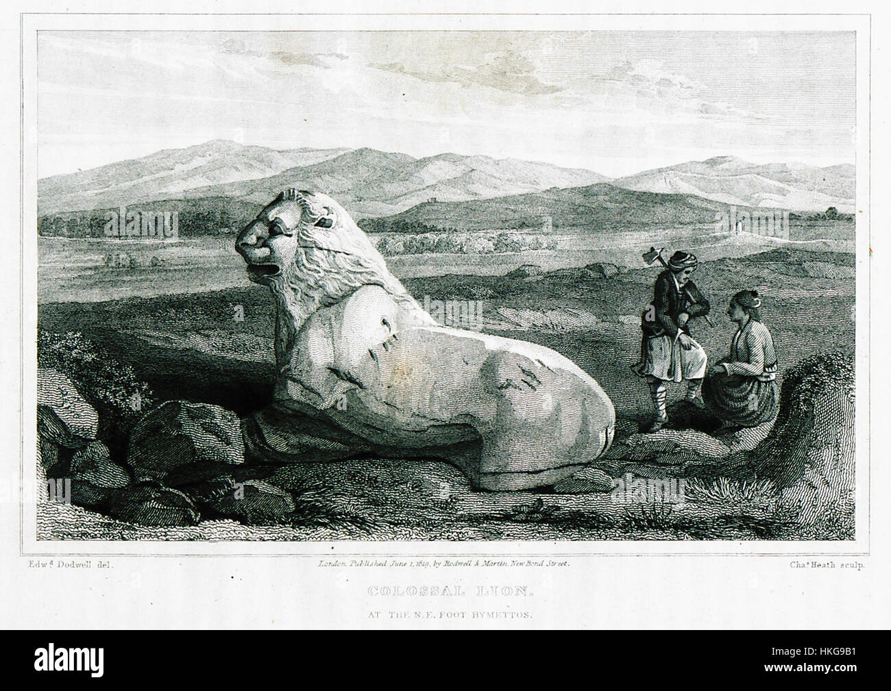 This image from 1819 depicts the colossal lion statue at the foot of ...
