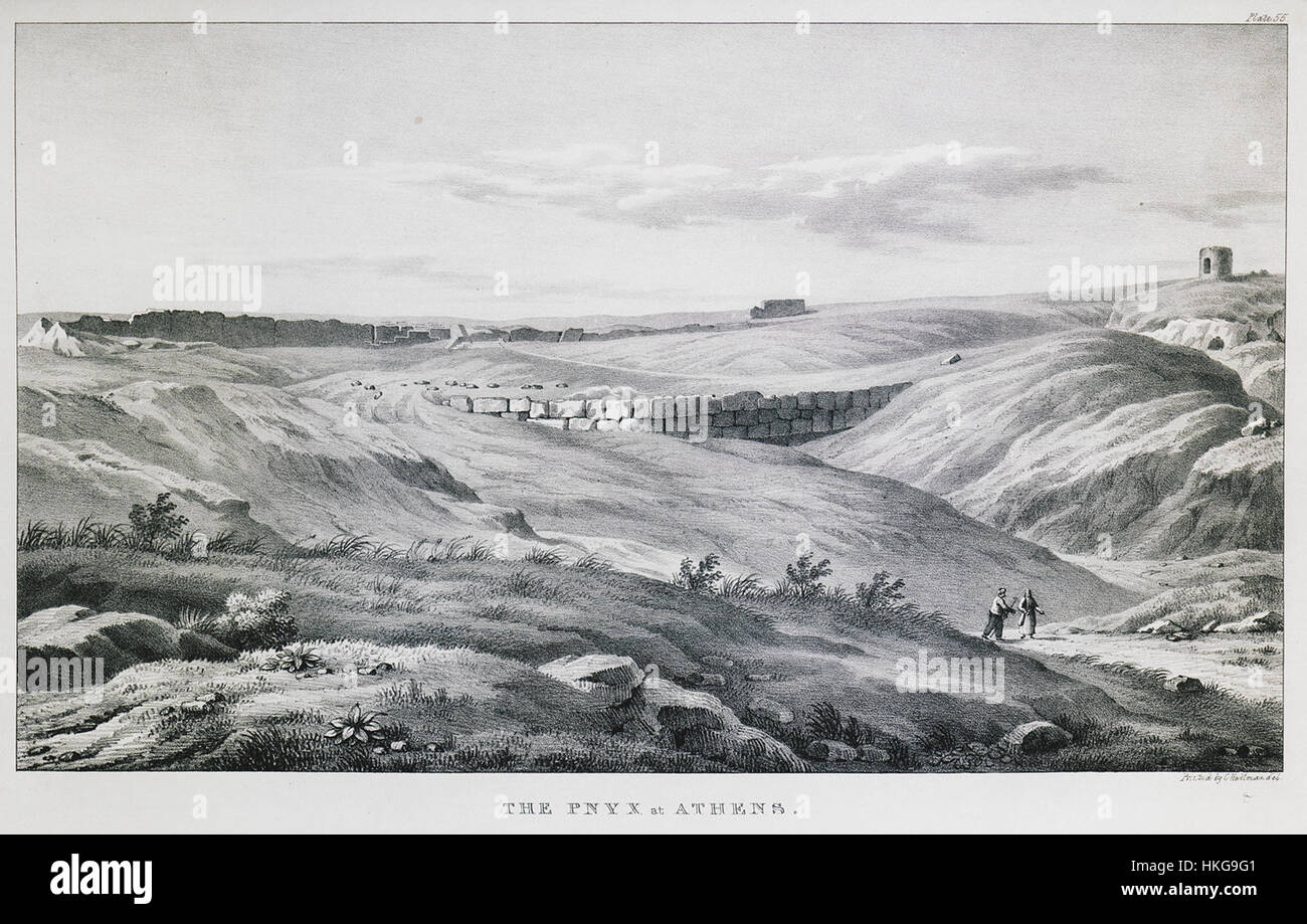 This 1834 painting by Edward Dodwell depicts the Pnyx, the historical ...