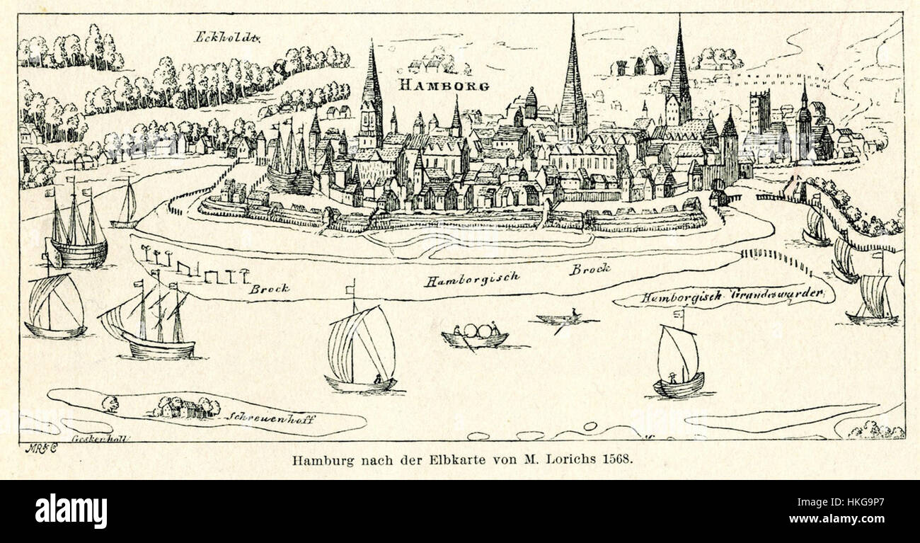 This 1568 map, ‘Hambourg nach der Elbkarte’ by Melchior Lorck, depicts ...