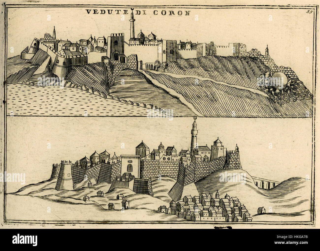 'Vedute di Coron' by Vincenzo Coronelli is a 1688 map showing the town ...