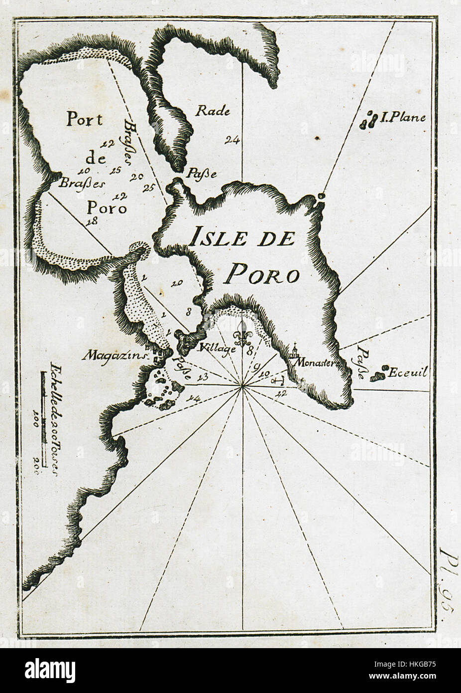 A detailed 1804 map of Poros and its port by Joseph Roux, a French ...
