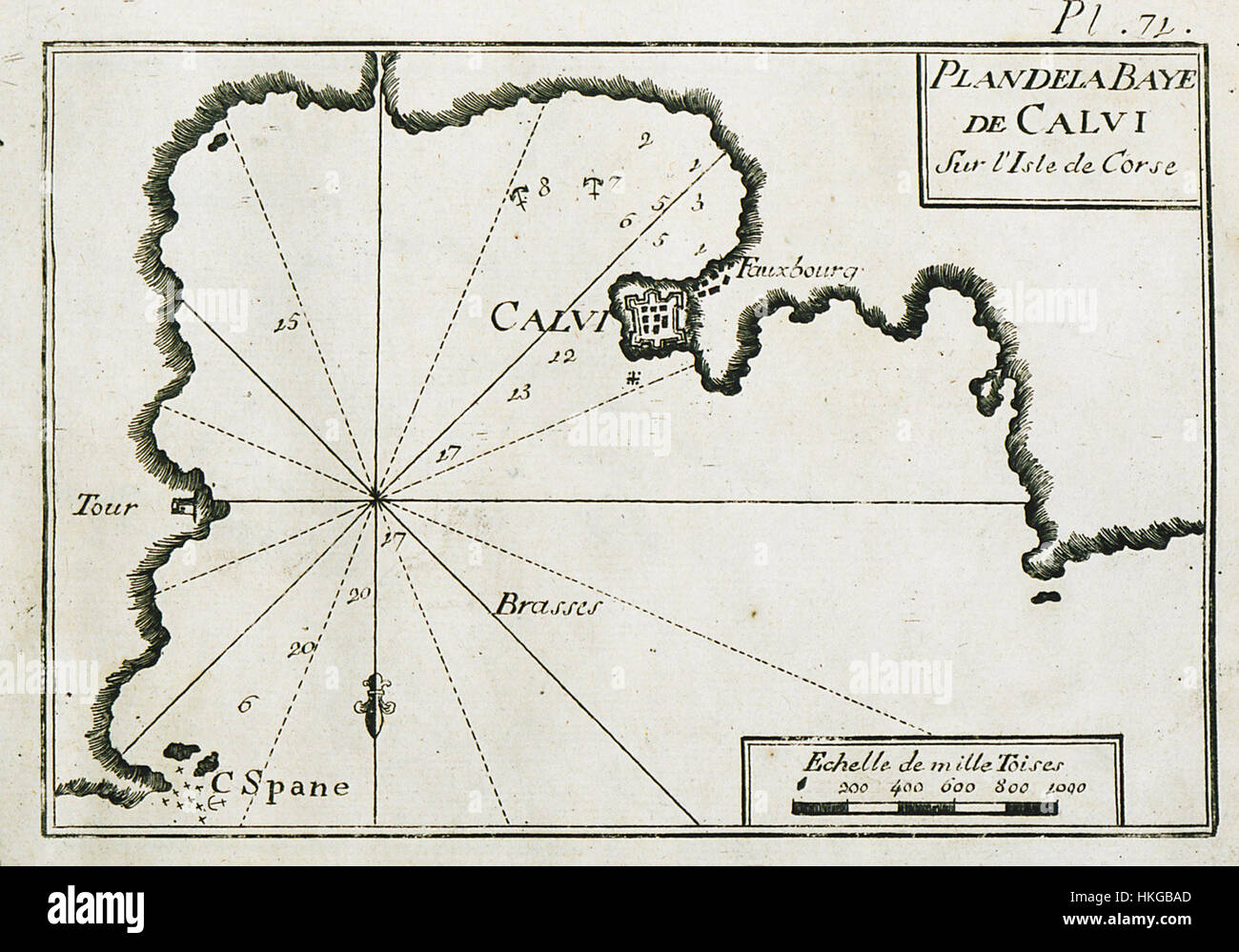 This 1804 map by Joseph Roux depicts the bay and port of Calvi in ...
