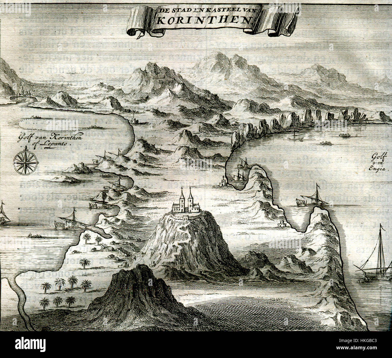 This historical painting by Olfert Dapper from 1688 depicts the city and castle of Korinthen ...