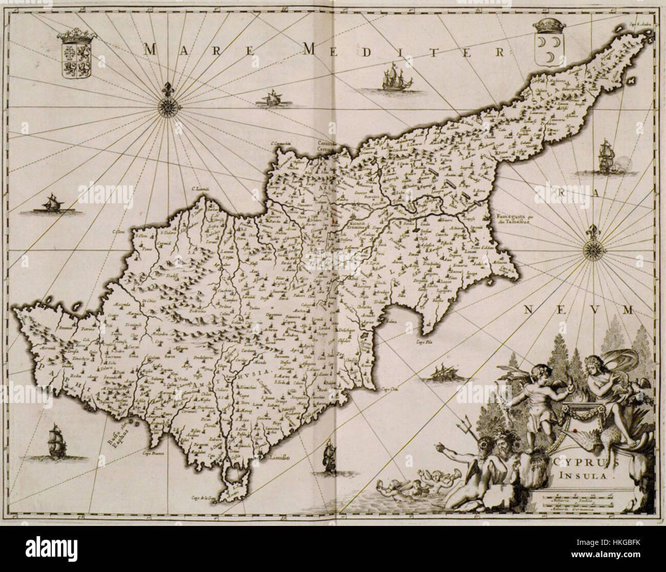 A 1688 engraving by Olfert Dapper depicting Cyprus, showing the island ...