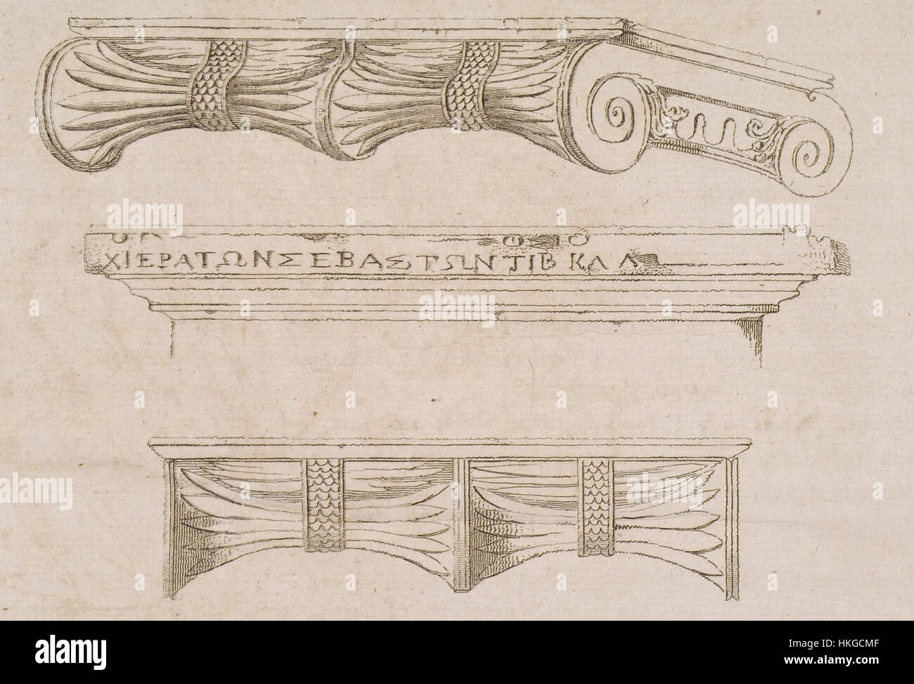 The ionic capital and inscription from Menidi, as depicted by Stuart ...
