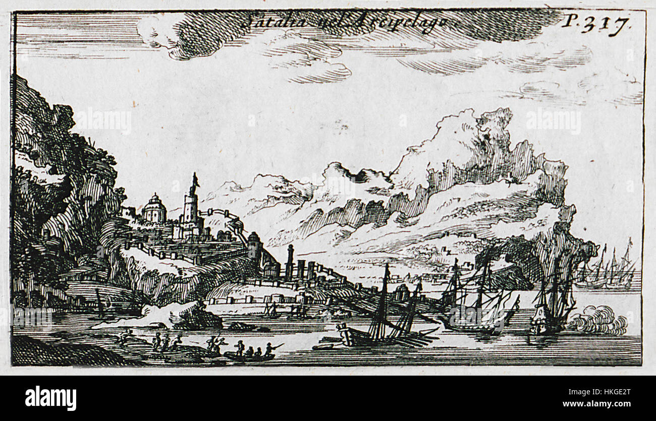 A 1687 painting by Jacob von Sandrart depicting the island of Satalia in the Aegean Archipelago ...