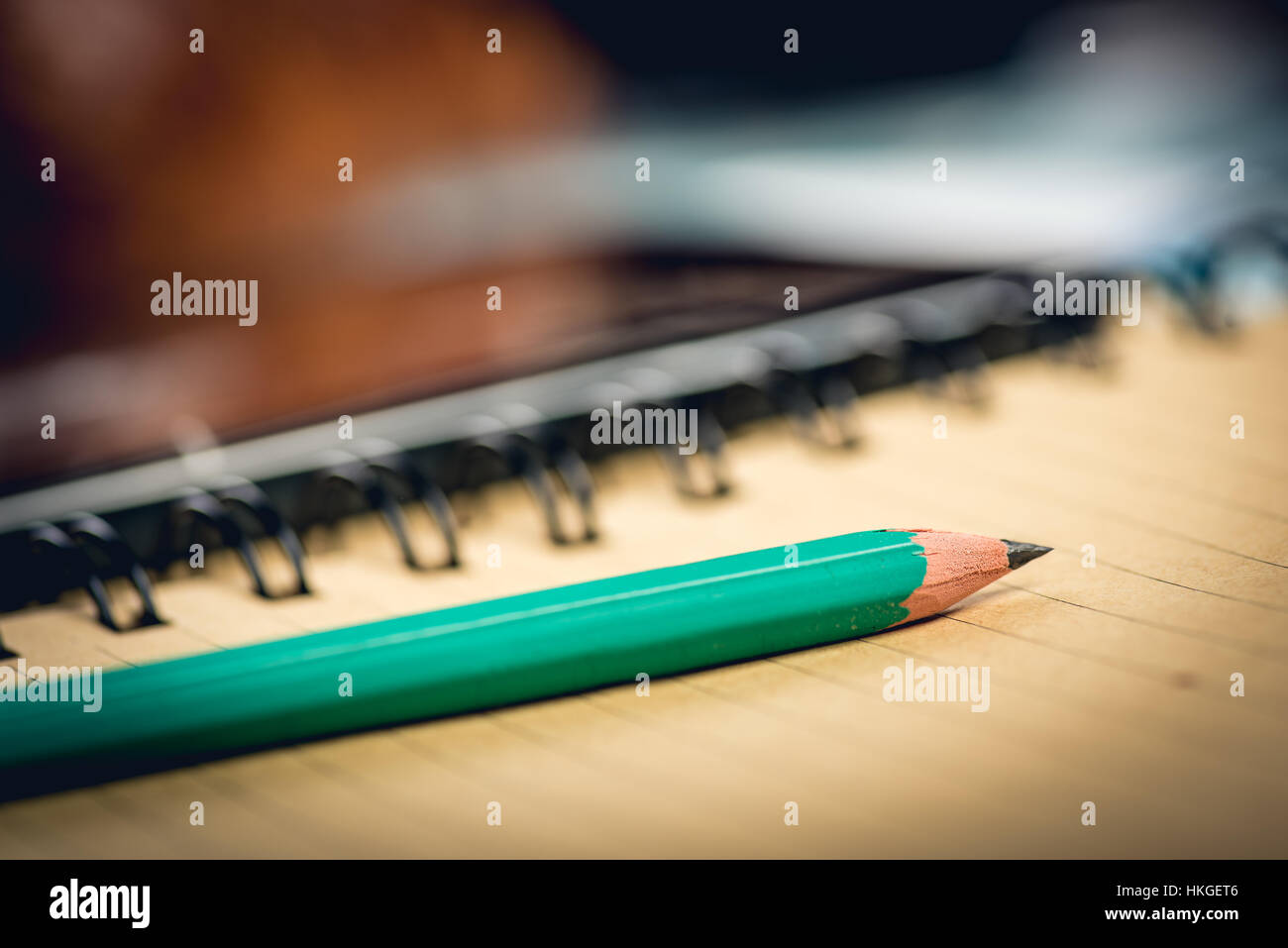 One Single sharp green pencil on the notepad ready to write on. Memory ...