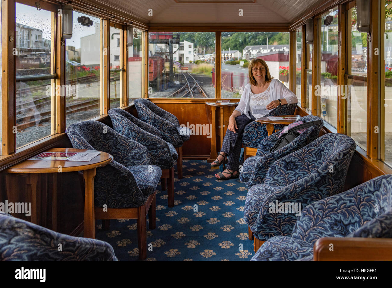 The observation coach on the Festiniog Railway train.18072014 Stock ...