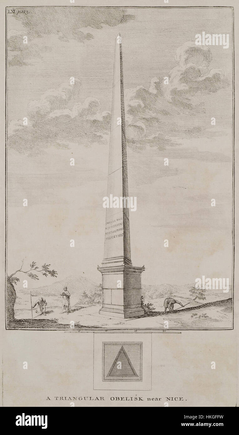 An artwork by Richard Pococke from 1745 depicting a triangular obelisk ...