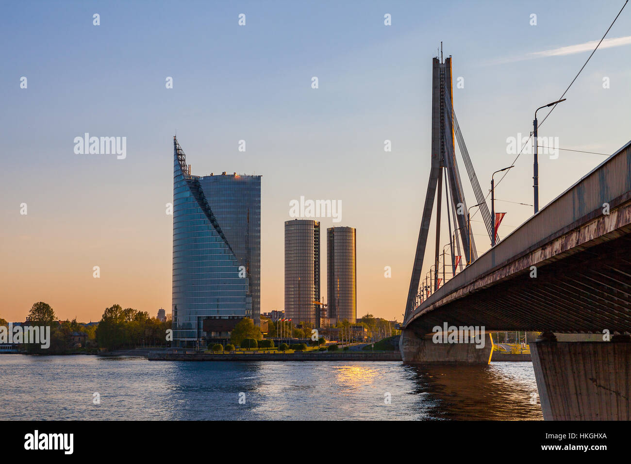 Modern skyscrapers and bridge over Daugava river. Riga, Latvia Stock ...