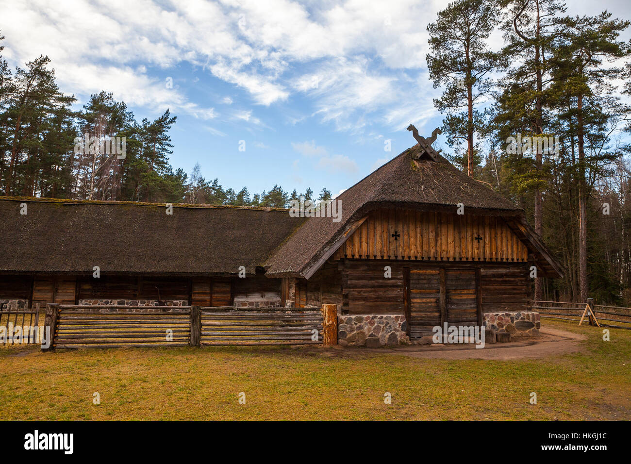 View of the rustic farm building. Wooden architecture of North and ...