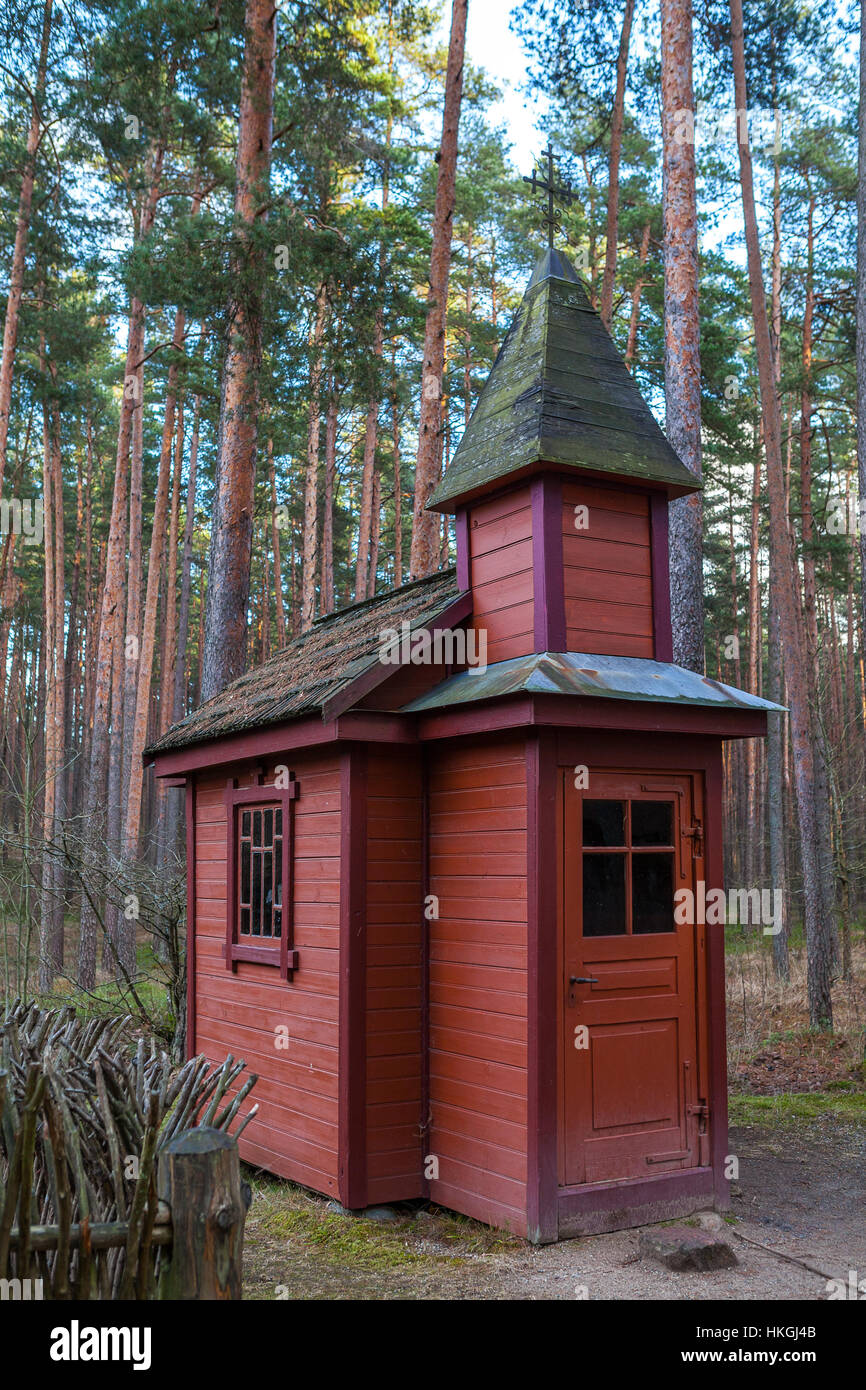 A small wooden chapel in the middle of the forest, Northern Europe ...
