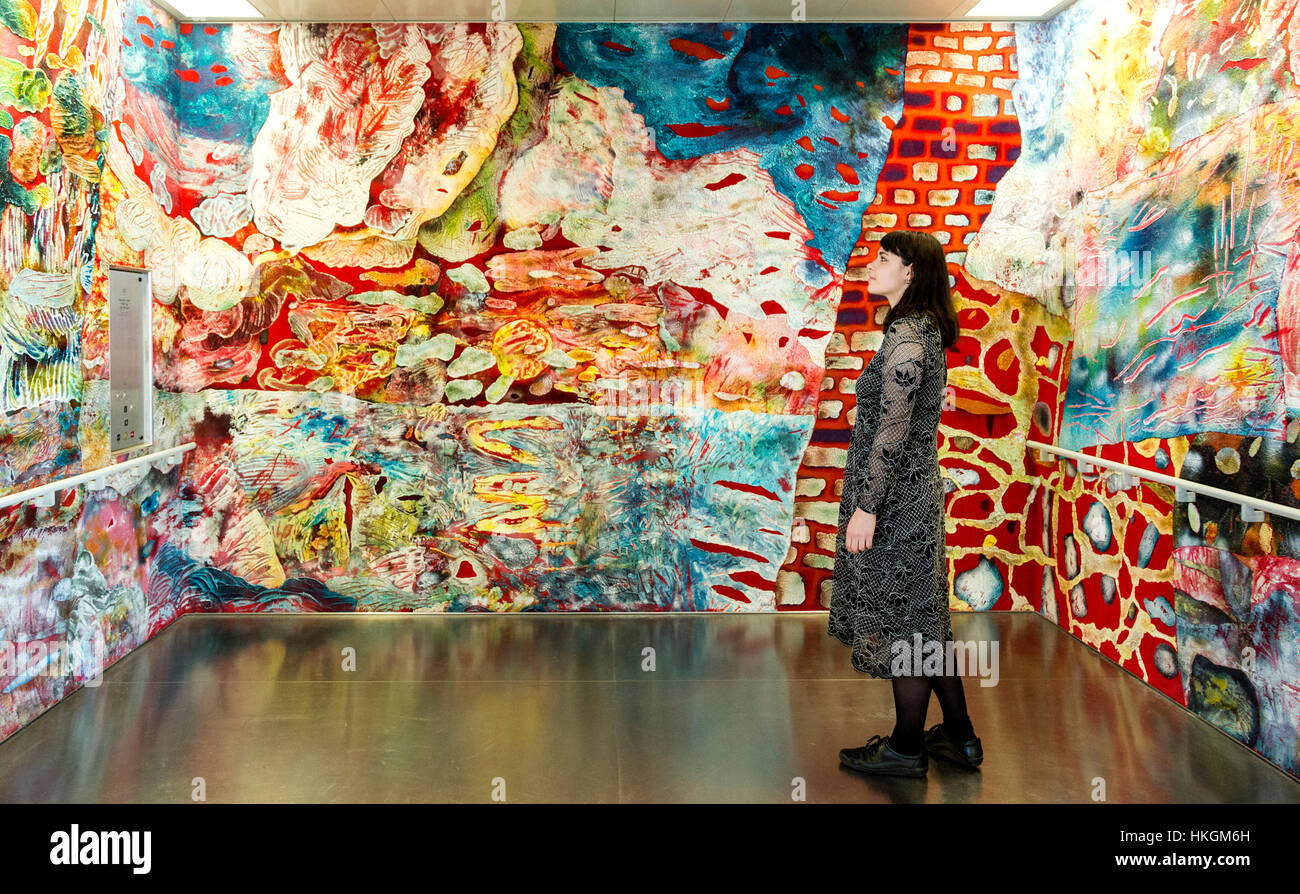 Artwork Old Lake, 2017, by Samara Scott in a lift. Entangled: Threads ...