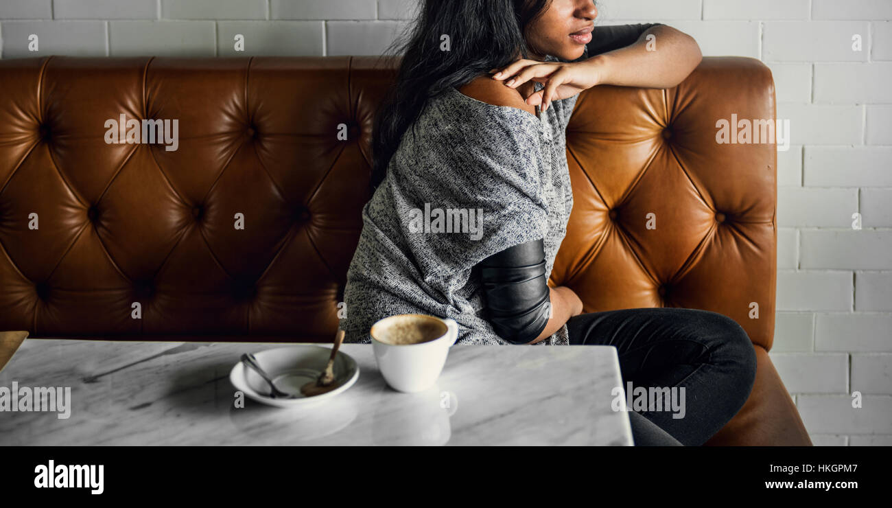 African Woman Drinks Coffee Shop Lonely Concept Stock Photo - Alamy