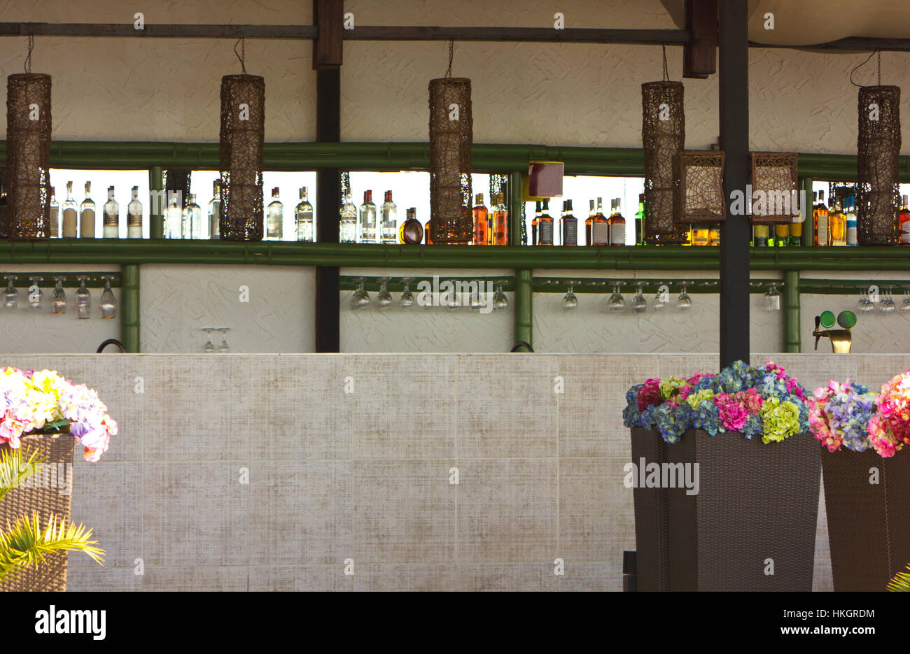 Beautiful restaurant bar decorated with flowers Stock Photo - Alamy
