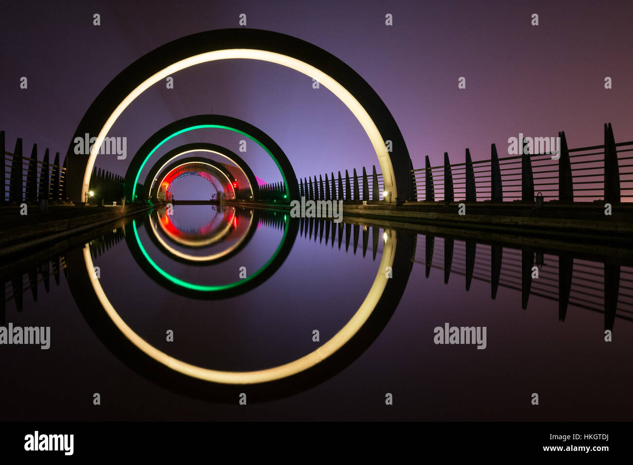 Falkirk Wheel at night - arches at the top of the wheel Stock Photo - Alamy