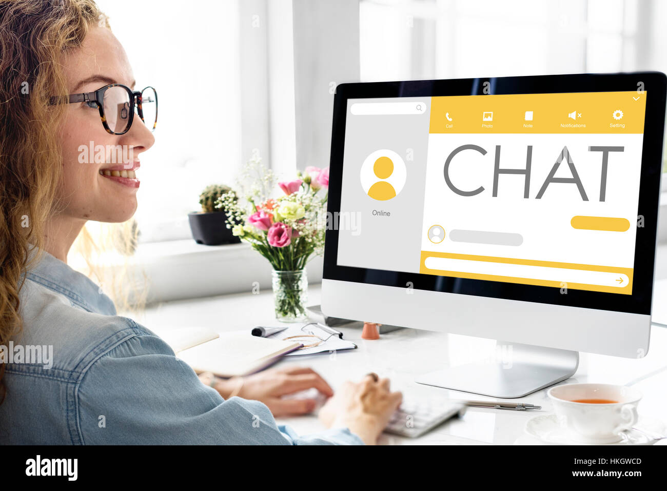 Computer Home Chatting Lady Concept Stock Photo - Alamy