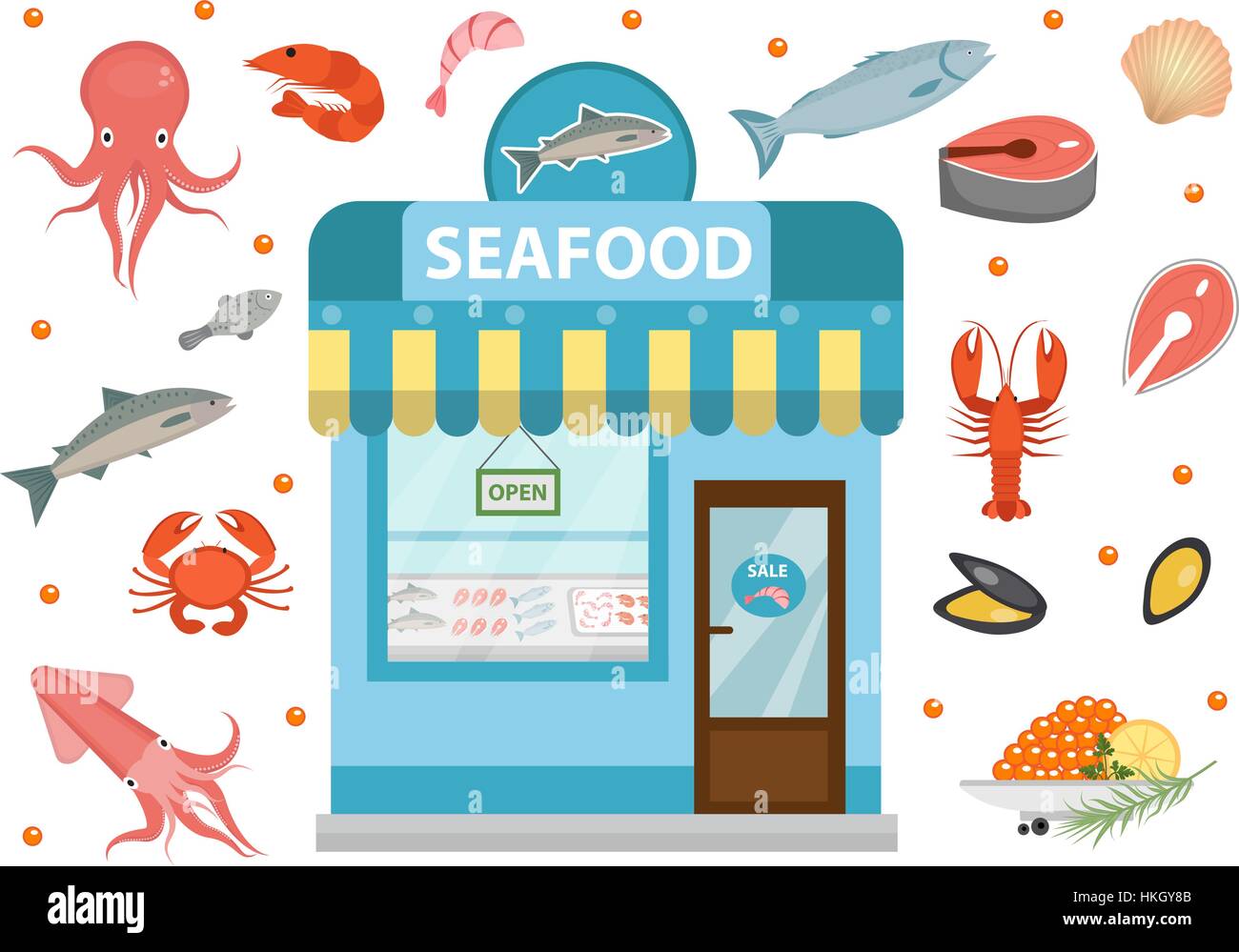 Seafood icons set with shop building, fish, octopus, squid, shrimp ...