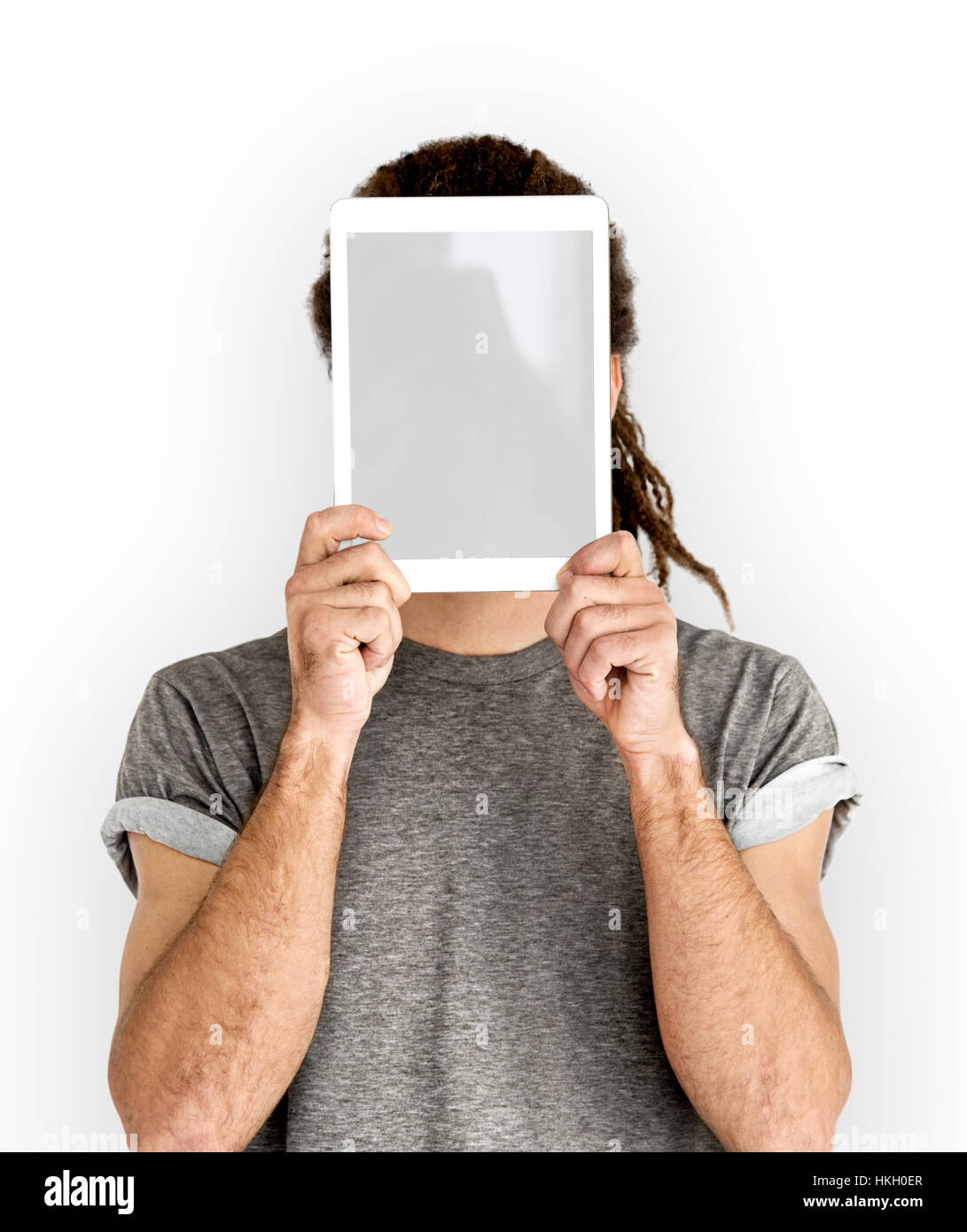 Man Digital Tablet Face Covered Copy Space Technology Concept Stock ...