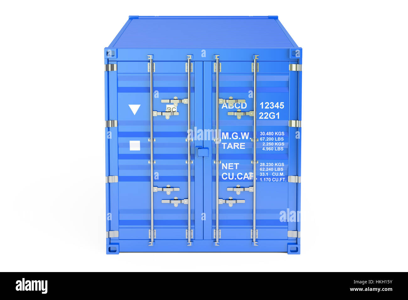 blue cargo container, front view. 3D rendering isolated on white ...