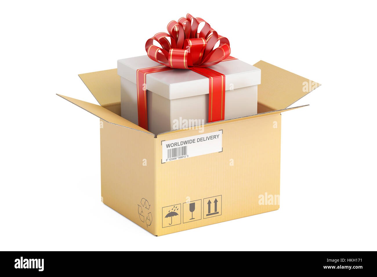 Opened parcel with gift box, gift delivery concept. 3D rendering ...