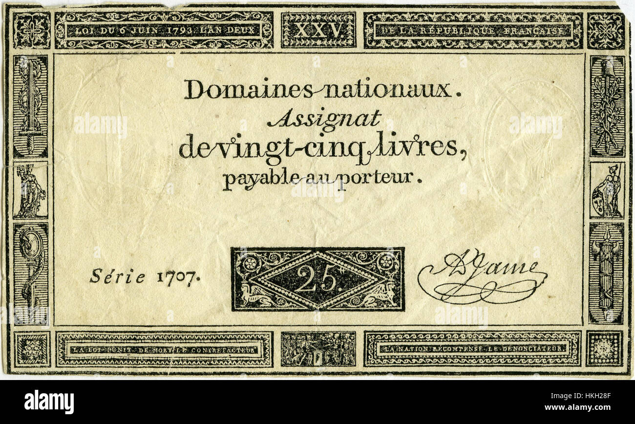 A historical French painting depicting the 'Assignat de 25 livres,' a ...