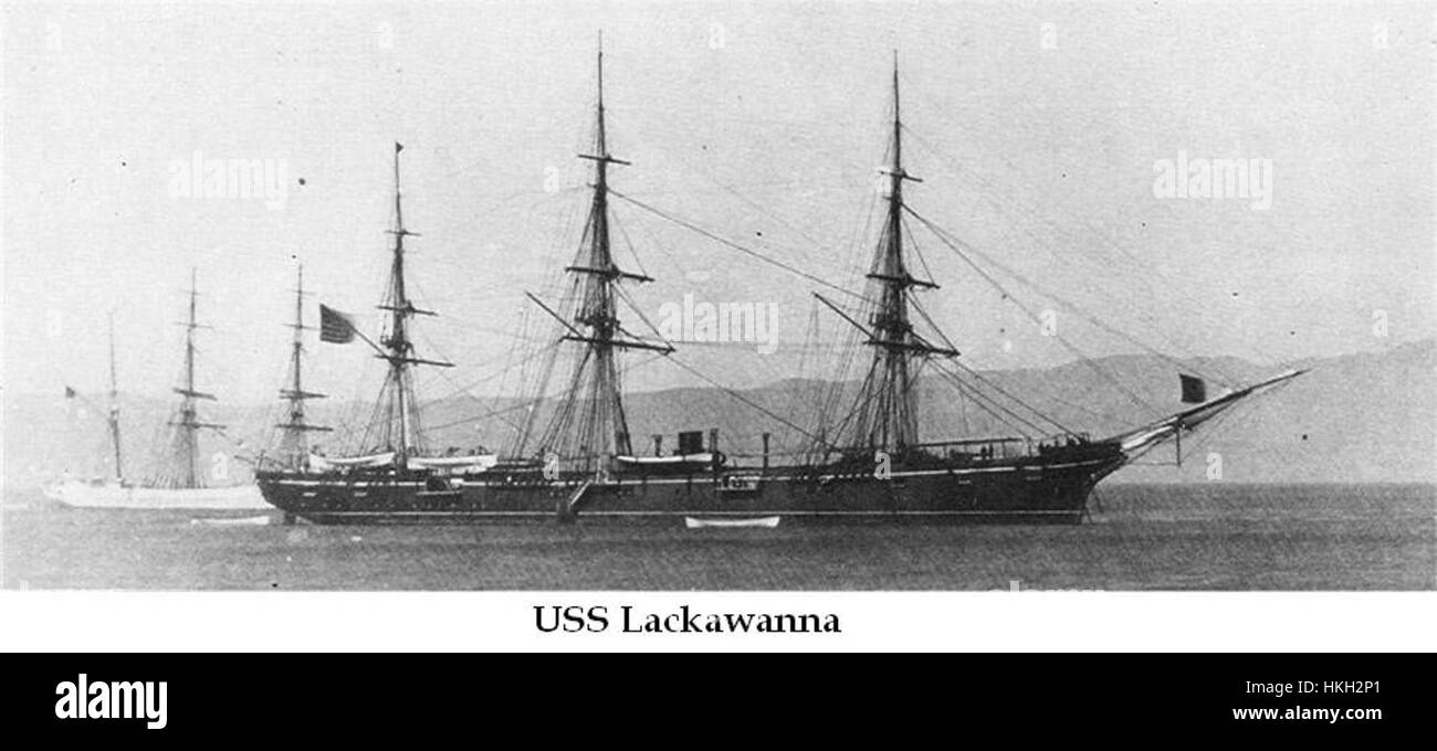 The USS Lackawanna, painted in 1880, depicts a historic naval vessel ...