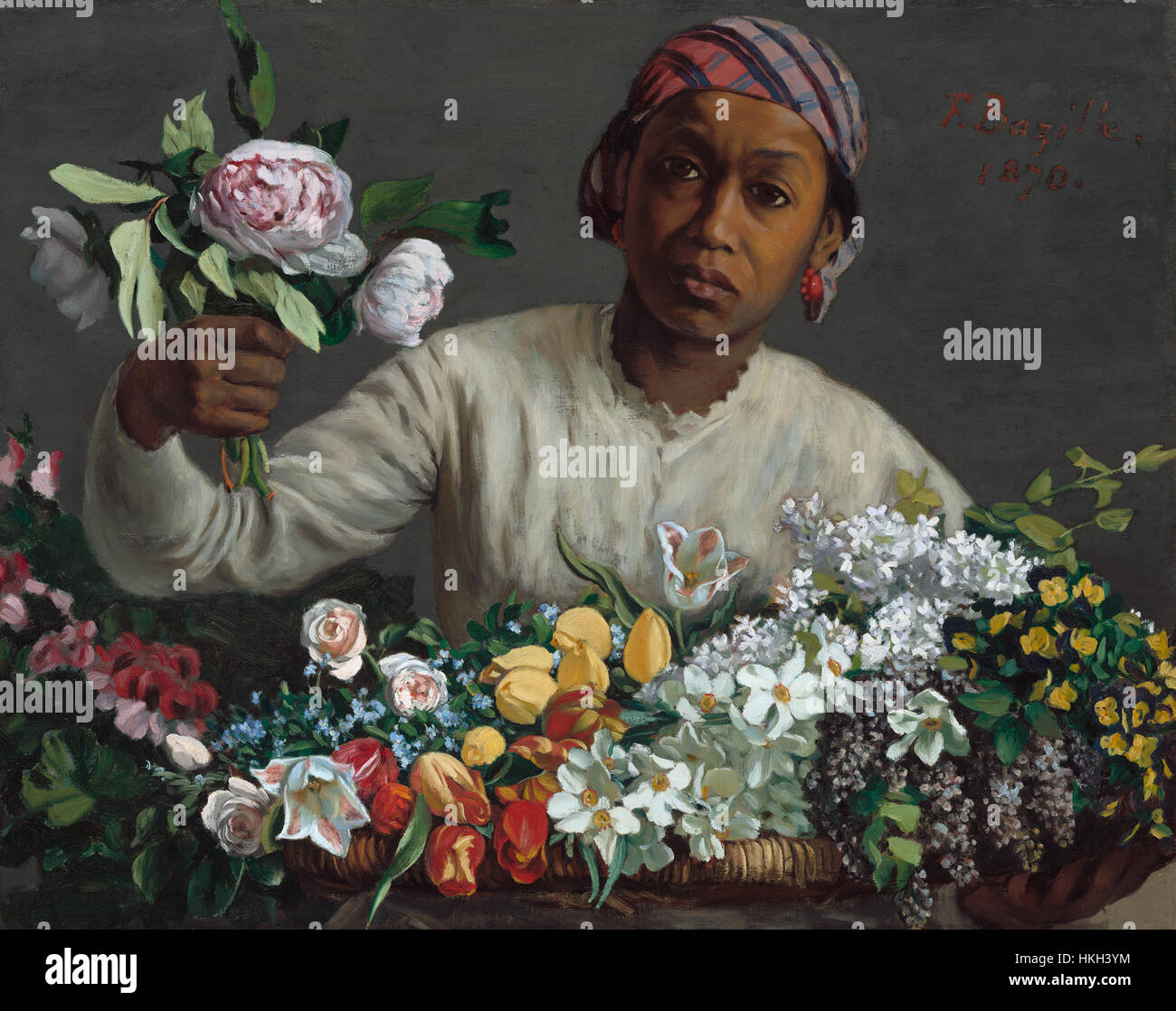 This oil painting features a young woman surrounded by vibrant peonies ...