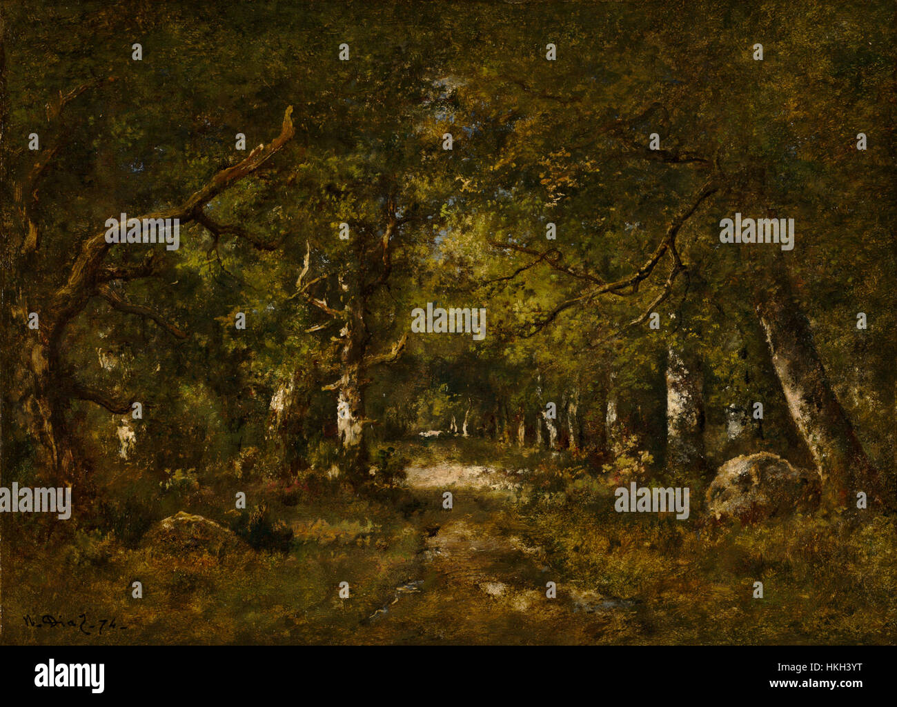 This forest scene painting portrays a lush, tranquil environment, with ...