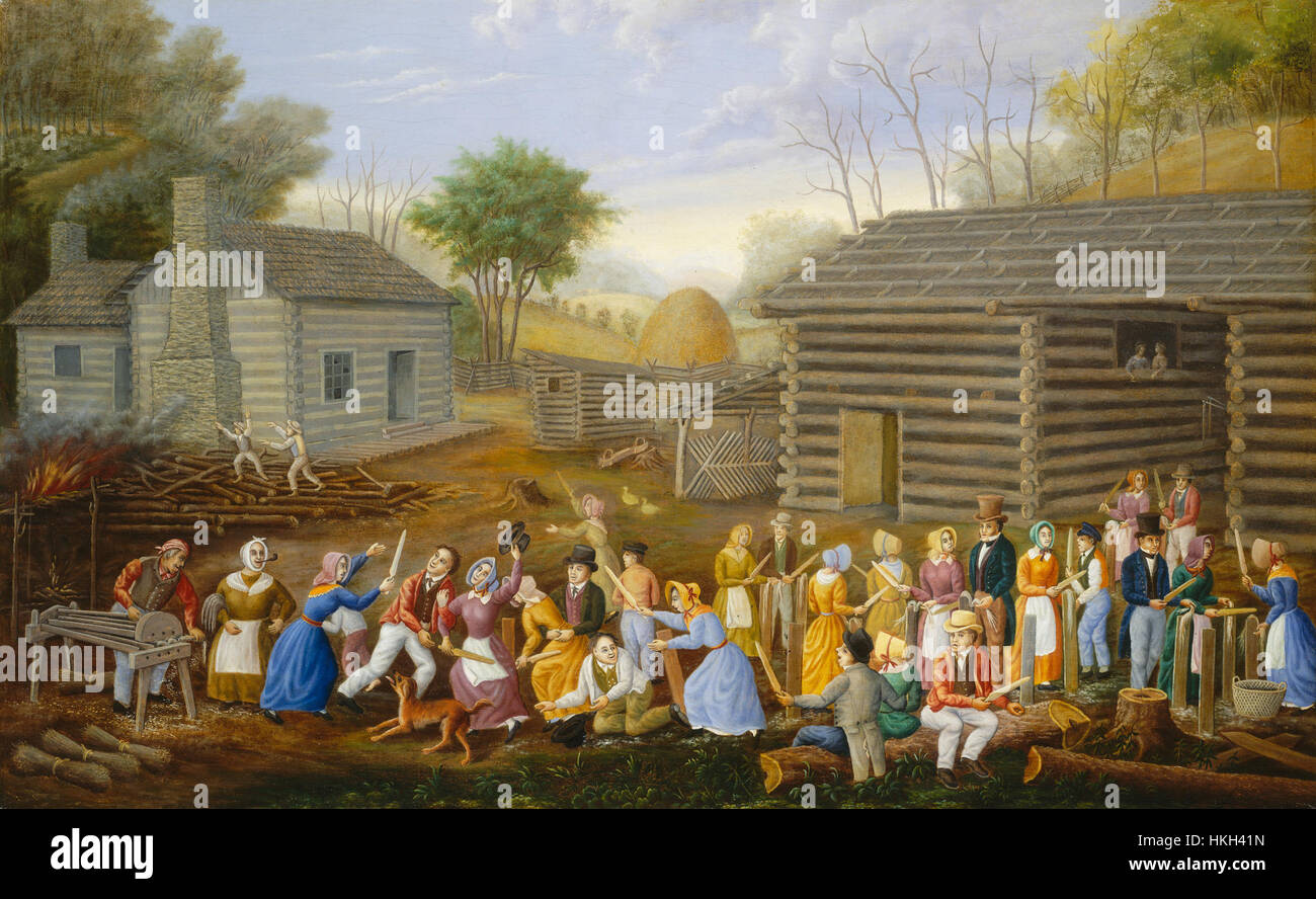 The painting 'Flax Scutching Bee SC 000788' depicts a traditional scene ...