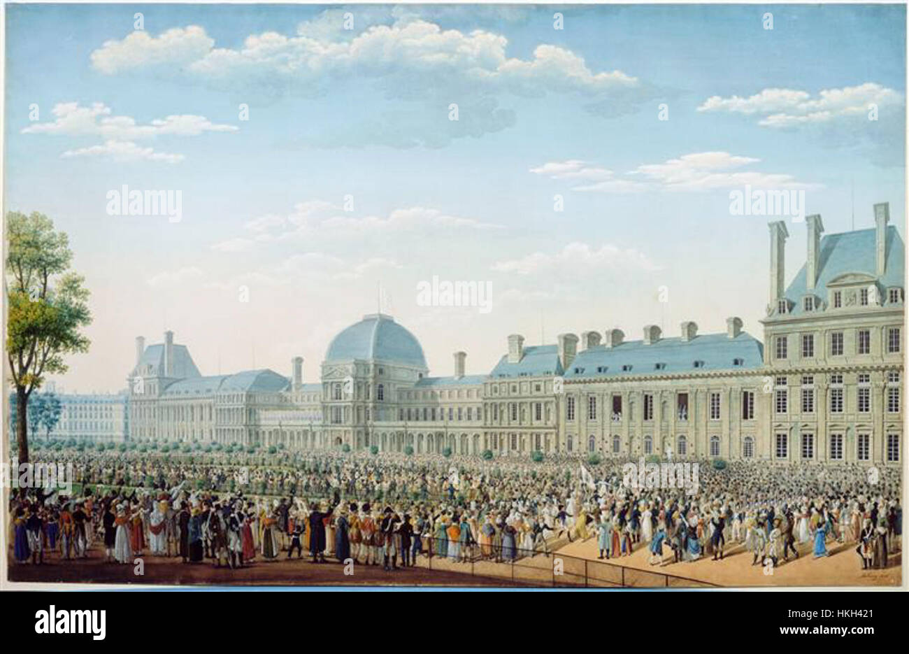This painting depicts the grand facade of the Tuileries Palace in Paris ...