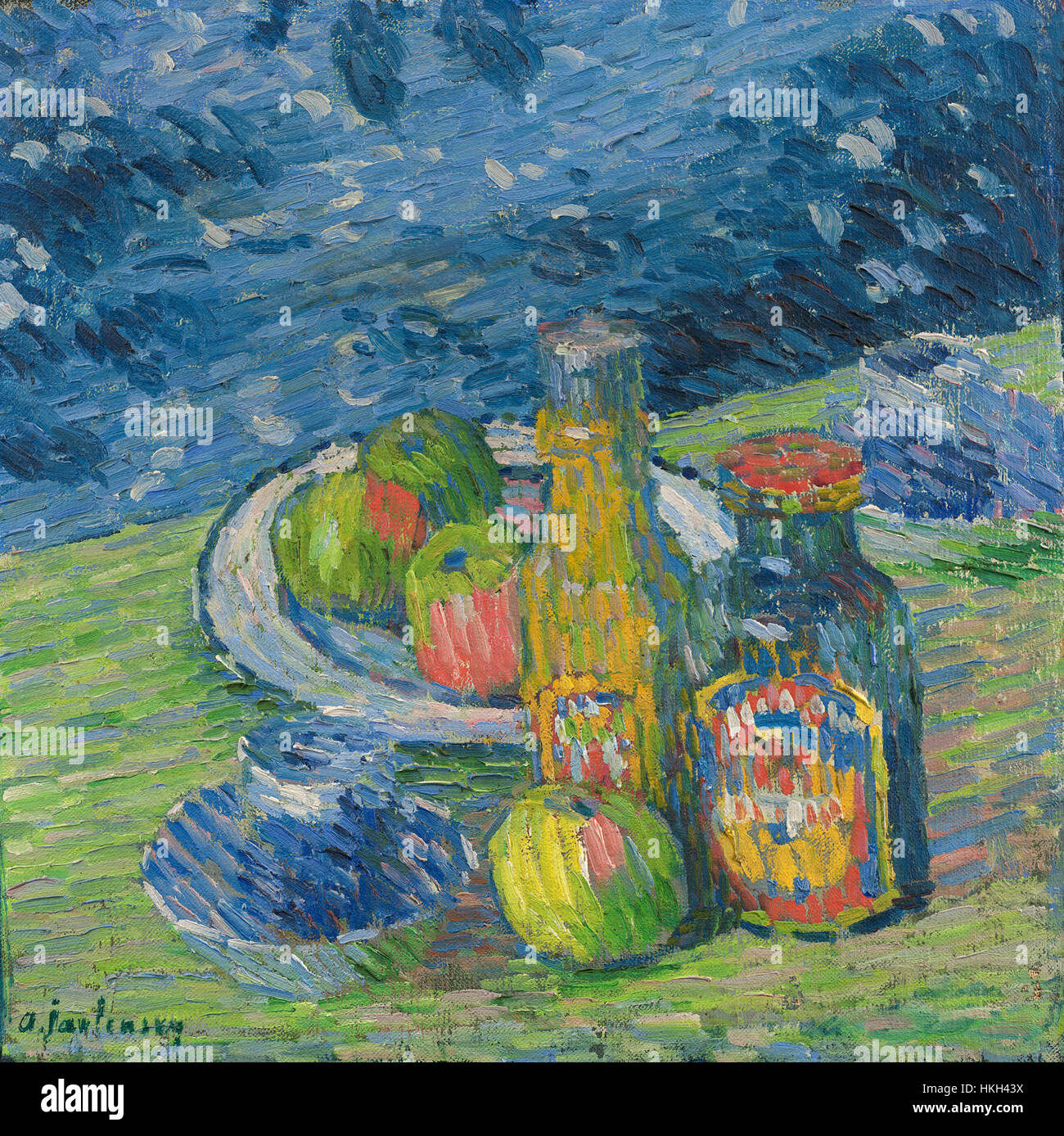 This *Still Life with Bottles and Fruit* painting, numbered A13000 ...