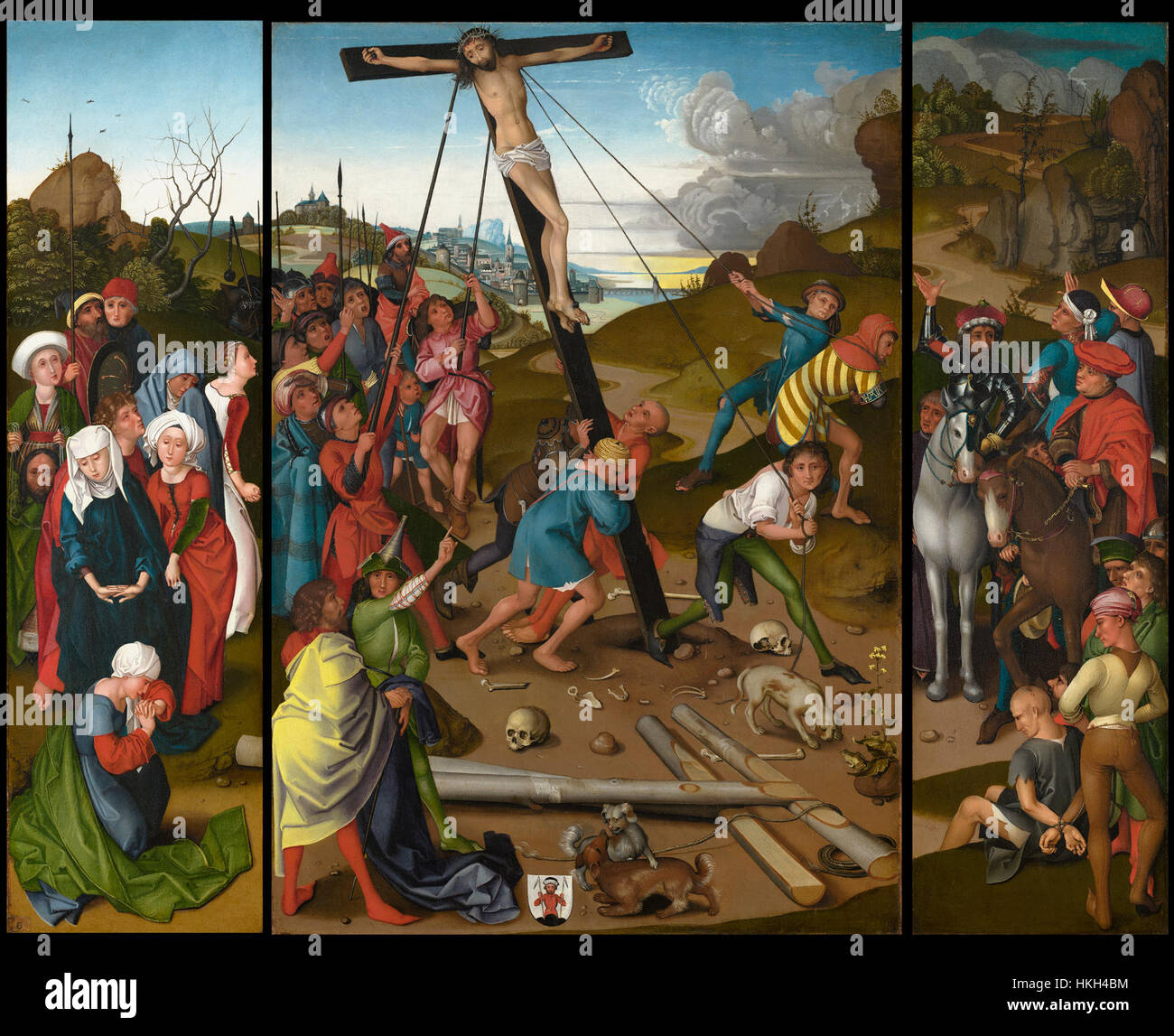 *The Raising of the Cross* is a triptych featuring the central, left, and right panels of the ...