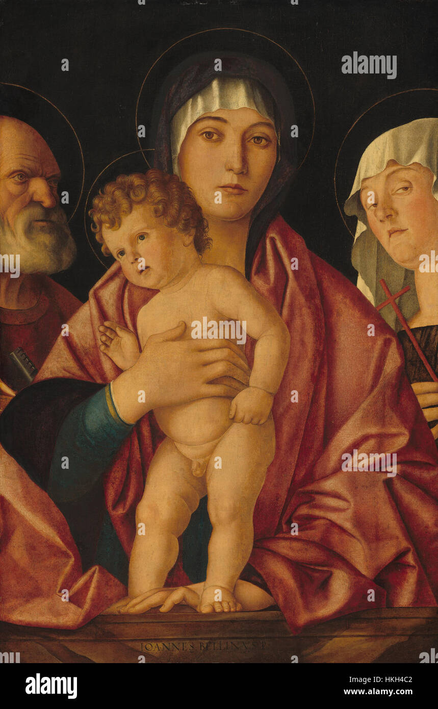 This painting titled *Madonna and Child with Saints* portrays the Virgin Mary holding the Christ ...