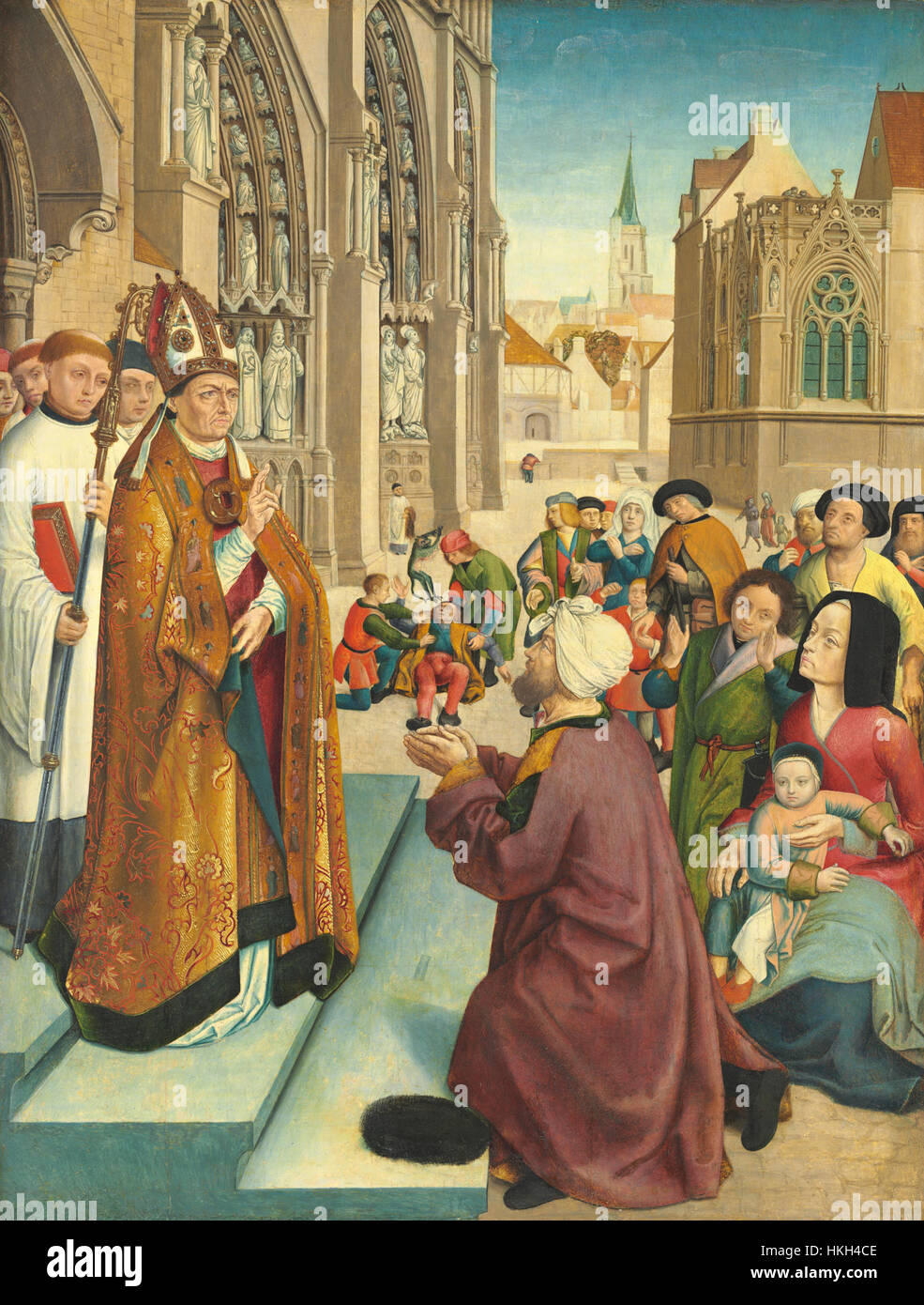 This artwork depicts various episodes from the life of a bishop saint ...