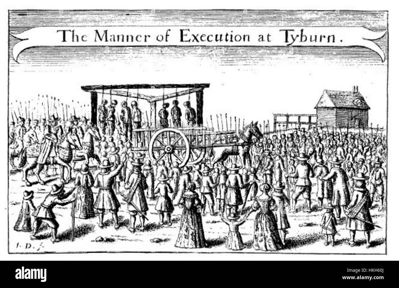 A historical painting depicting the execution method at Tyburn, London ...