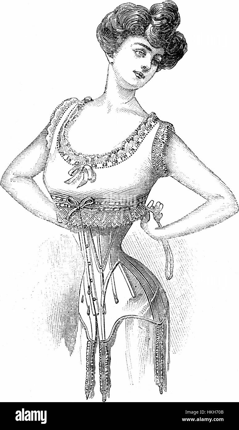 The 'Au Bon Marché Corsets' illustration depicts a vintage ...