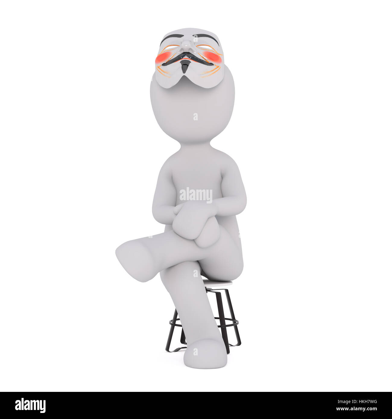 Faceless cartoon 3D man sitting on stool with hands crossed on knee ...